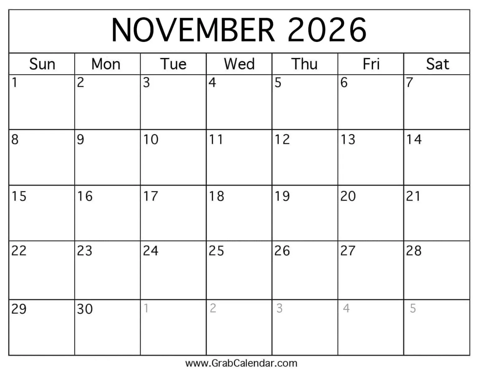 Printable November 2026 Calendar