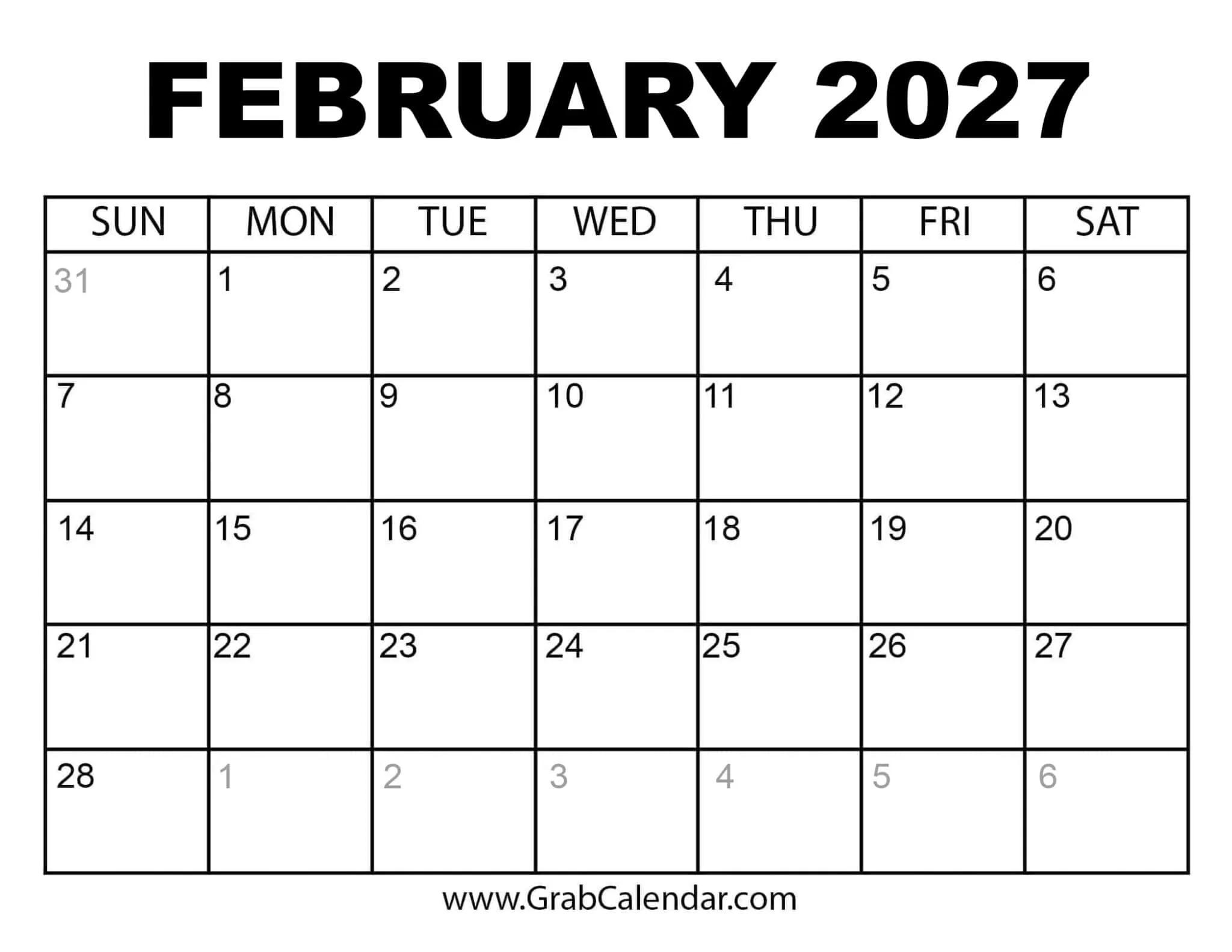 Printable February 2027 Calendar