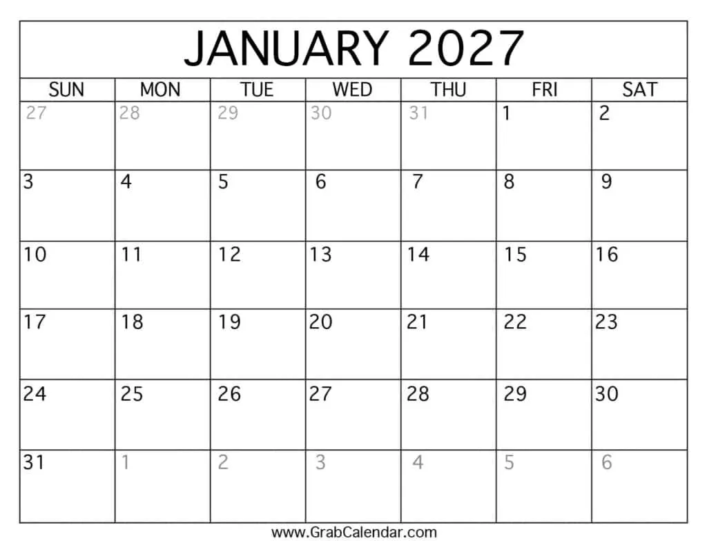 Printable January 2027 Calendar